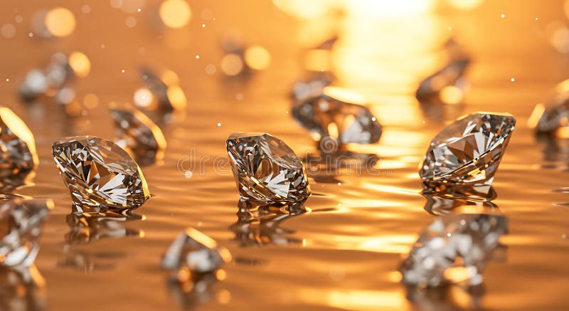 Sparkling Diamonds on Golden Surface with Bokeh and Reflective Light ...