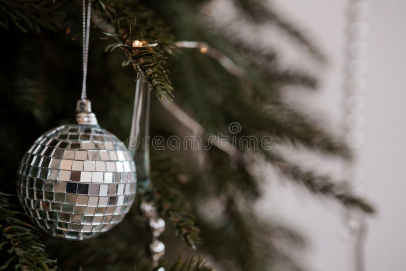 Sparkling Disco Ball Ornament Hanging on Christmas Tree Branch Stock ...