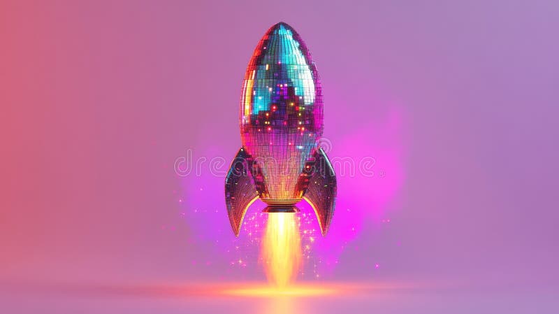 Sparkling Disco Ball Rocket Launching with Vibrant Colors Stock ...