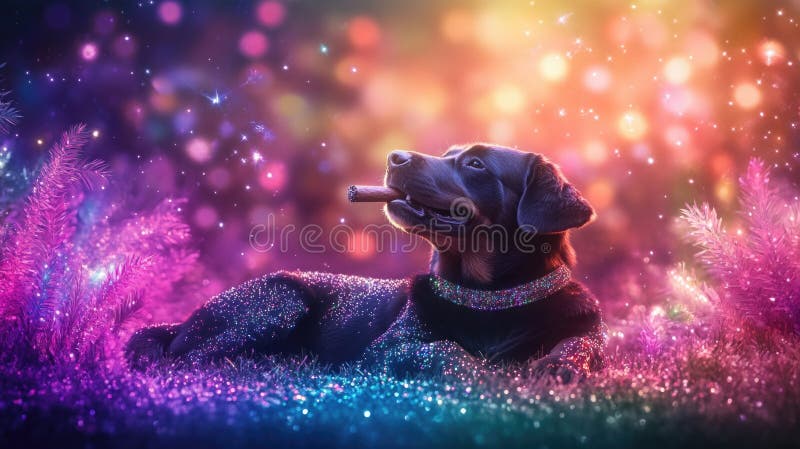 Sparkling Dog in Enchanted Rainbow Forest with Glittering Lights Stock ...