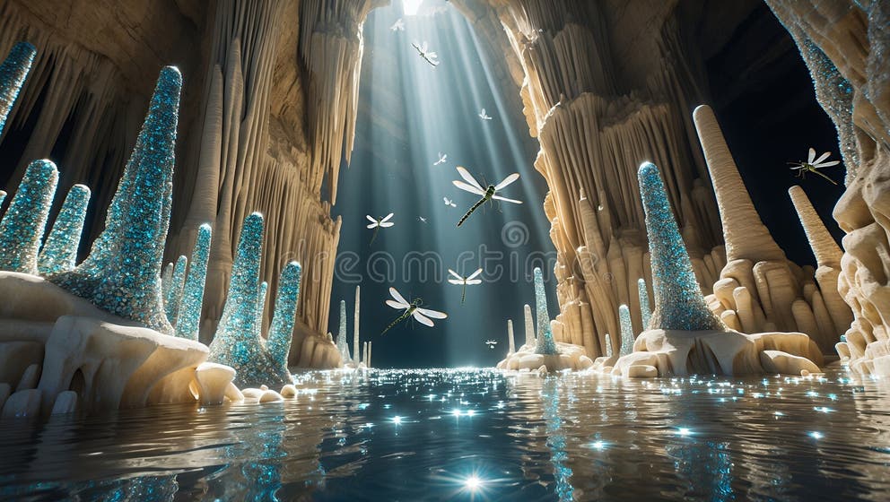 Enchanted Crystal Cave with Dragonflies: a Fantasy Realm Stock Illustration - Illustration of ...
