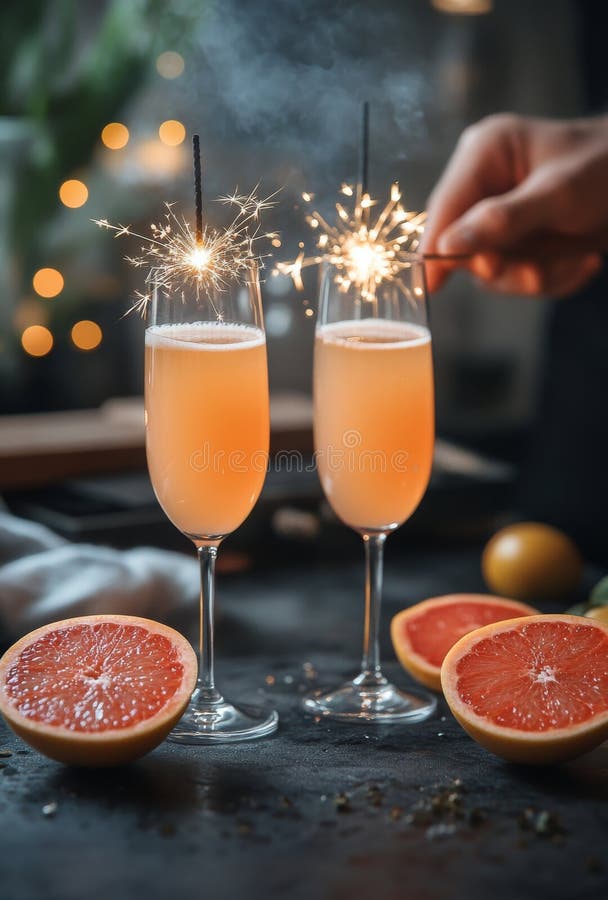 Sparkling Drinks with Festive Sparklers and Fresh Fruit on a Table ...