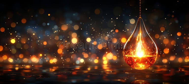 Sparkling Drop Golden Liquid Levitating. Reflective Backdrop with Bokeh Light Effects Stock ...