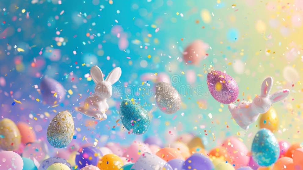 Sparkling Easter Egg and Bunny Confetti Explosion on Gradient Pastel ...