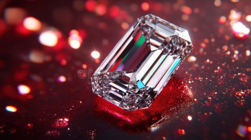 Sparkling Emerald Cut Diamond on Glittering Red Background Representing ...