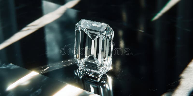 Sparkling Emerald Cut Diamond on Reflective Black Surface with Light ...