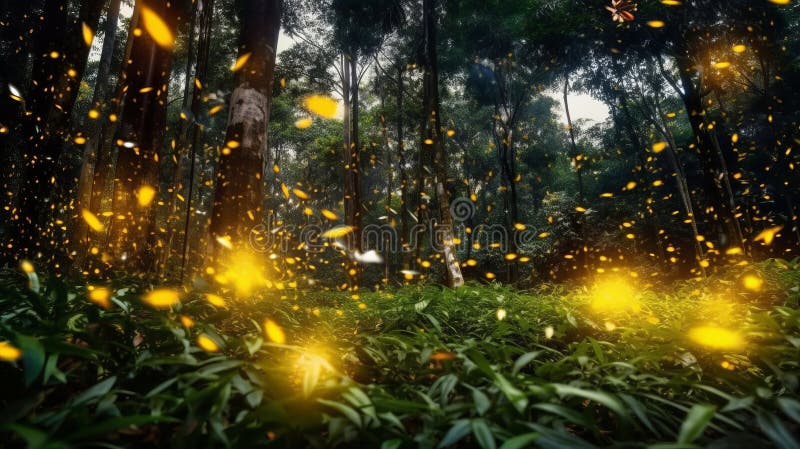 Sparkling Fireflies Flying in the Night Forest. Generative AI. Stock ...