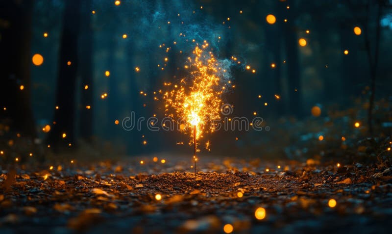 Sparkling Firework Bursts in a Serene Forest Setting during Nighttime ...