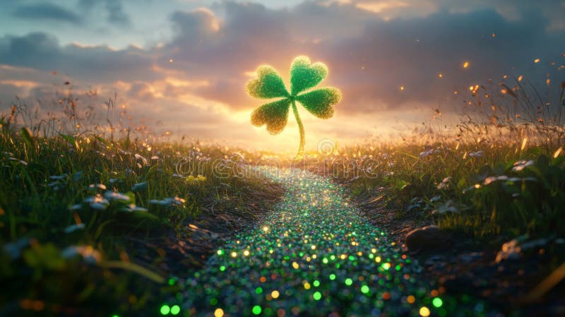 Sparkling Four Leaf Clover Path Sunset Meadow Stock Illustration ...