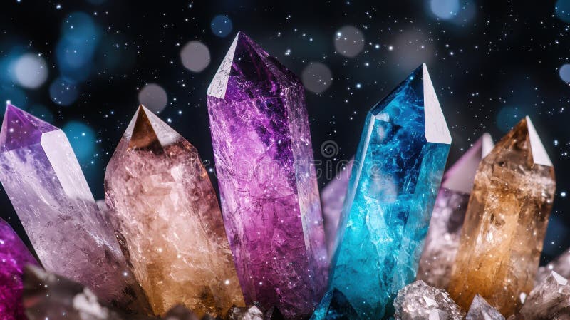 Sparkling Gemstone Crystals in Cosmic Night Sky Stock Illustration ...