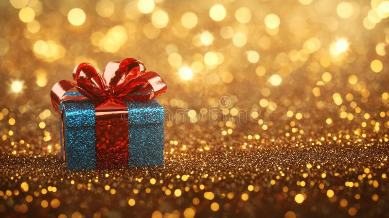 Sparkling Gift Blue Present Red Ribbon Golden Bokeh Backdrop Stock ...
