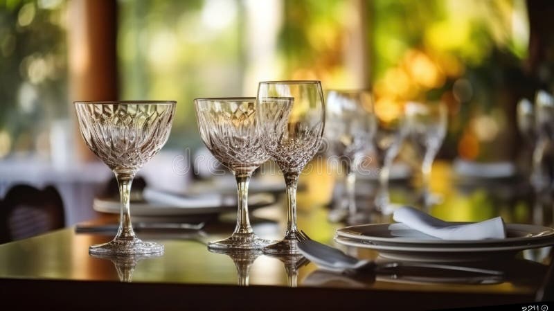 Sparkling Glassware on Long Table Prepared for Wedding Dinner ...