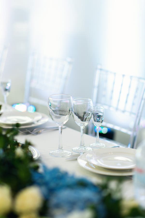Sparkling Glassware Stands on Long Table Prepared for Wedding Stock ...