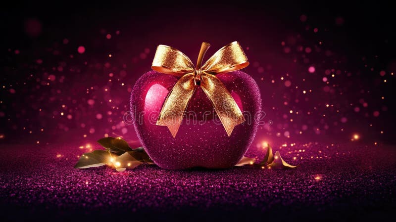 Sparkling Glitter Apple with Gold Bow on Shimmering Background Apple ...