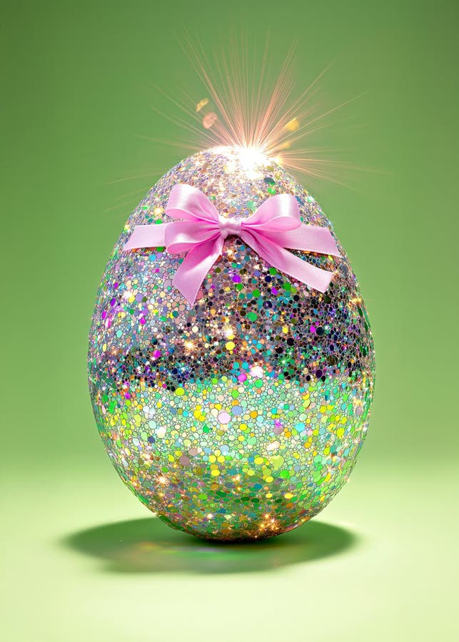 Sparkling Glitter Easter Egg with Pink Bow on Vibrant Green Background ...