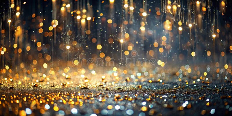 Sparkling Glitter and Golden Lights Rain Down on a Dark Surface ...