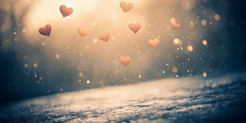 Sparkling Glitter Hearts Falling on Snowy Ground Romantic Winter ...