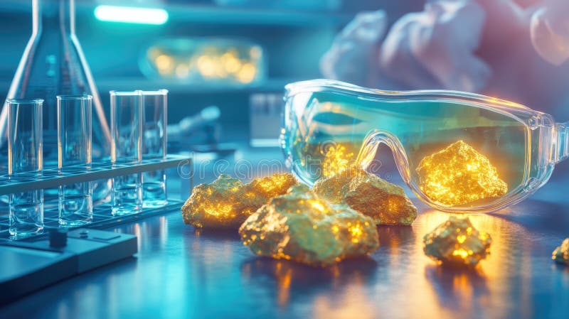 Sparkling Gold Nuggets in Science Lab with Safety Goggles and Test ...