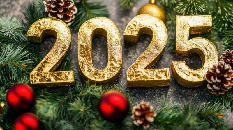 Sparkling Gold 2025 Numbers with Festive Christmas Decorations Stock ...