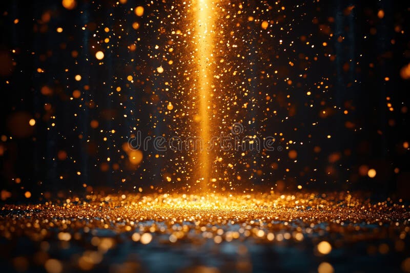 Sparkling Gold Particles Fly in Dark Space. Bright Light Creates ...