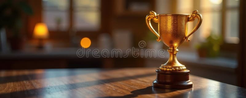 Sparkling Gold Trophy Sits on Table, Soft Background Glow , Celebration ...