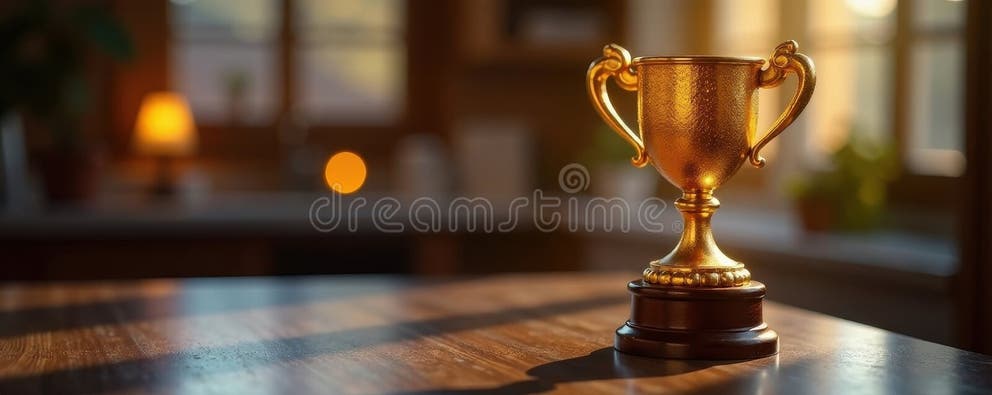 Sparkling Gold Trophy Sits on Table, Soft Background Glow , Celebration ...