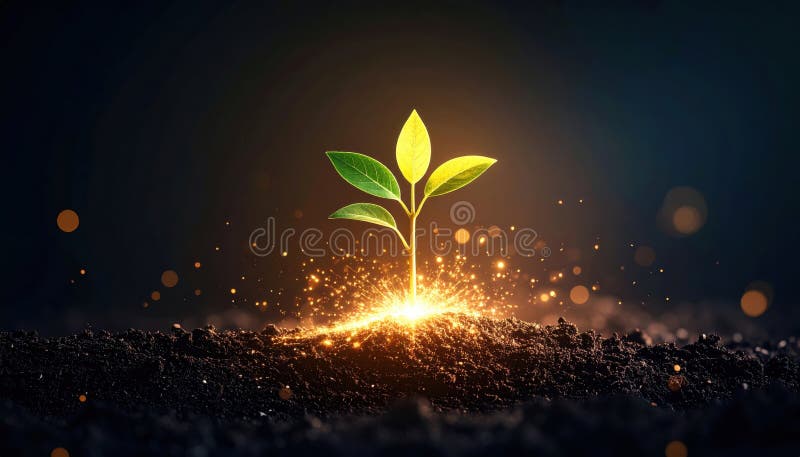 Sparkling Green Plant Growth, Spark Effect Evolving into Growing Plant ...