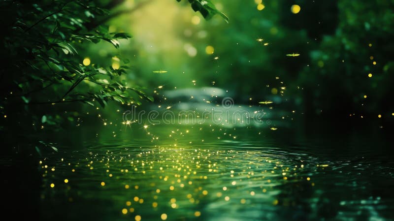 Sparkling Green River with Glowing Fireflies Dancing Above the Water ...