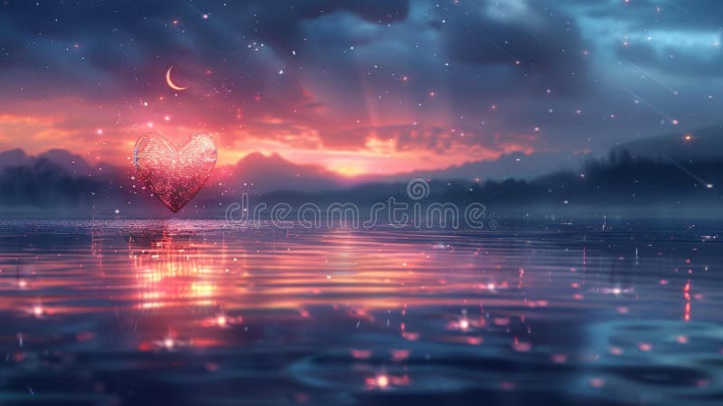 Sparkling Heart Over Water at Sunset - Generative Ai Stock Illustration ...