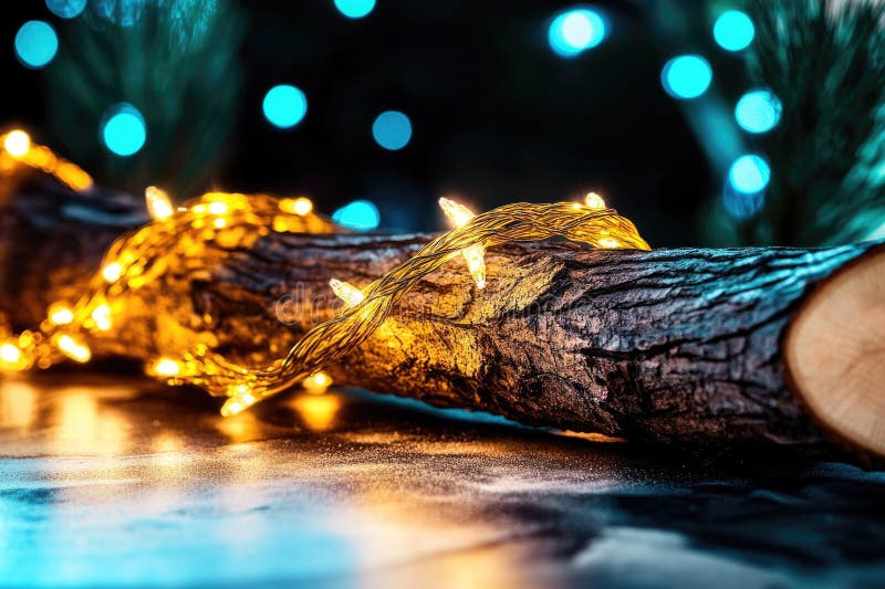 Sparkling Holiday Lights Wrapped Around Rustic Log for Festive Decor ...
