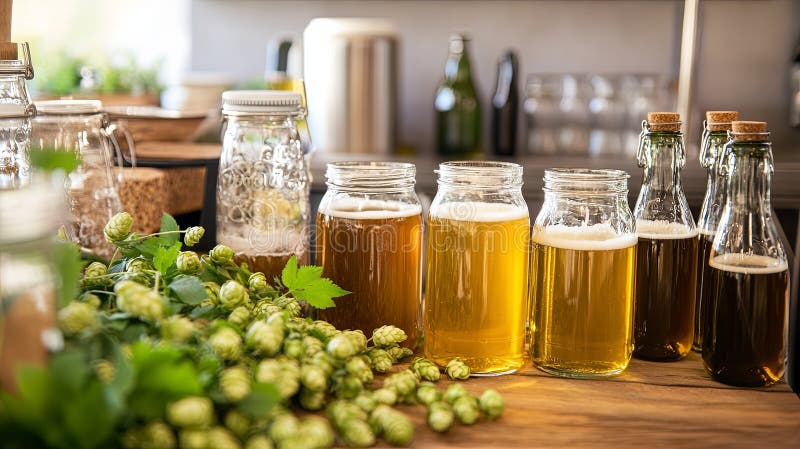 A Sparkling Homebrew Beer Workshop with Bottles, Hops, and Fermenting ...