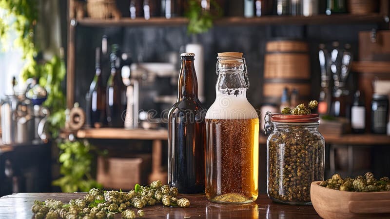 A Sparkling Homebrew Beer Workshop with Bottles, Hops, and Fermenting ...