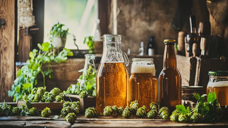 A Sparkling Homebrew Beer Workshop with Bottles, Hops, and Fermenting ...