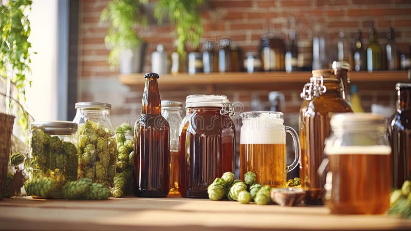 A Sparkling Homebrew Beer Workshop with Bottles, Hops, and Fermenting ...