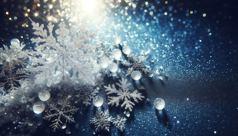 Sparkling Ice Crystals in the Shape of Snowflakes Over Shimmering Deep ...