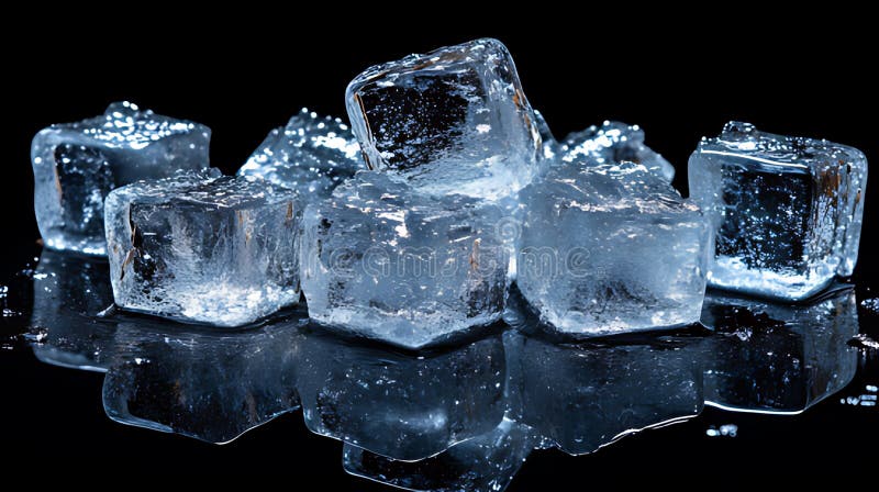 Sparkling Ice Cubes on Black Background, Reflecting, for Drinks Stock ...