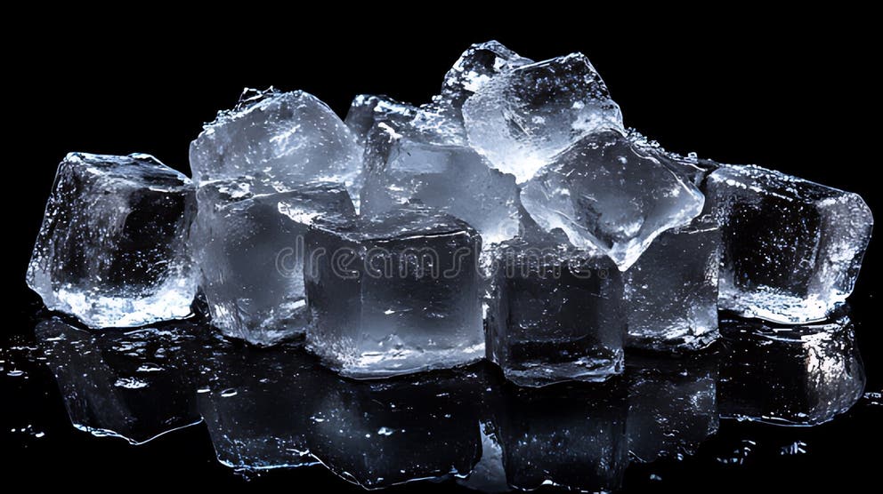 Sparkling Ice Cubes on Black Background, Reflecting Light, for Beverage ...