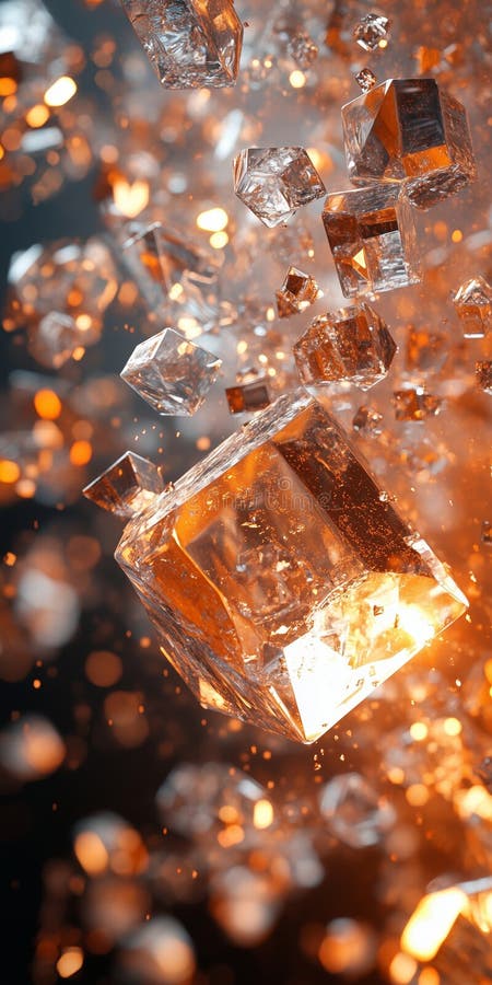 Sparkling Ice Cubes Suspended in Mid-air, Illuminated by Warm Orange ...