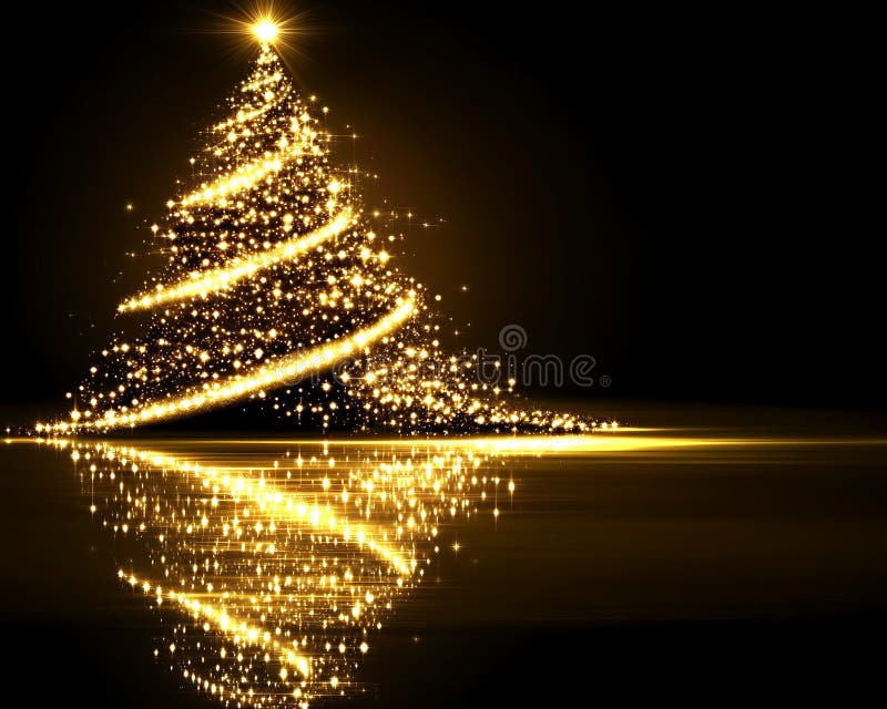 A Sparkling Illuminated Golden Christmas Tree with Reflection on ...