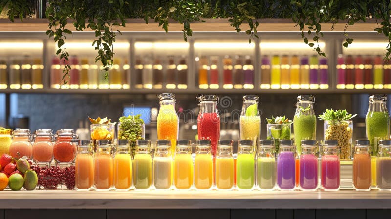 A Sparkling Juice Bar Display with Rows of Smoothies and Fresh Fruit ...