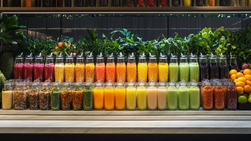 A Sparkling Juice Bar Display with Rows of Smoothies and Fresh Fruit ...