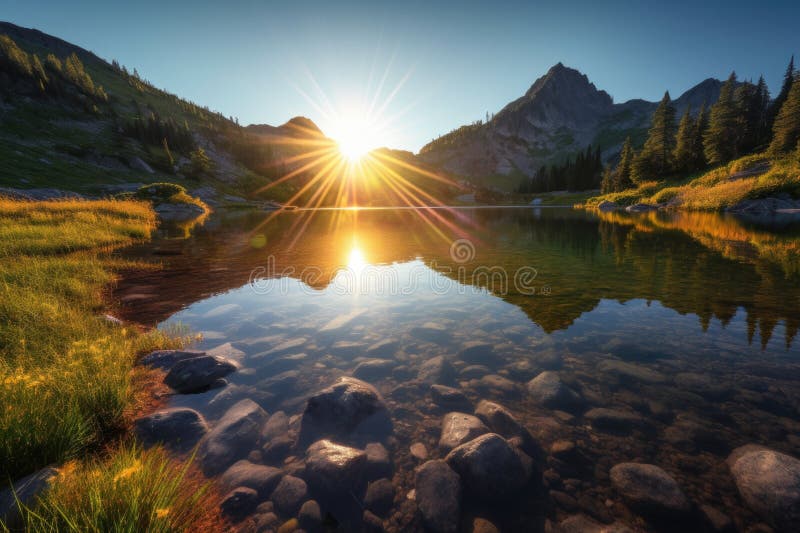 Sparkling Lake with Reflection of the Sun, Surrounded by Towering Mountains Stock Illustration ...