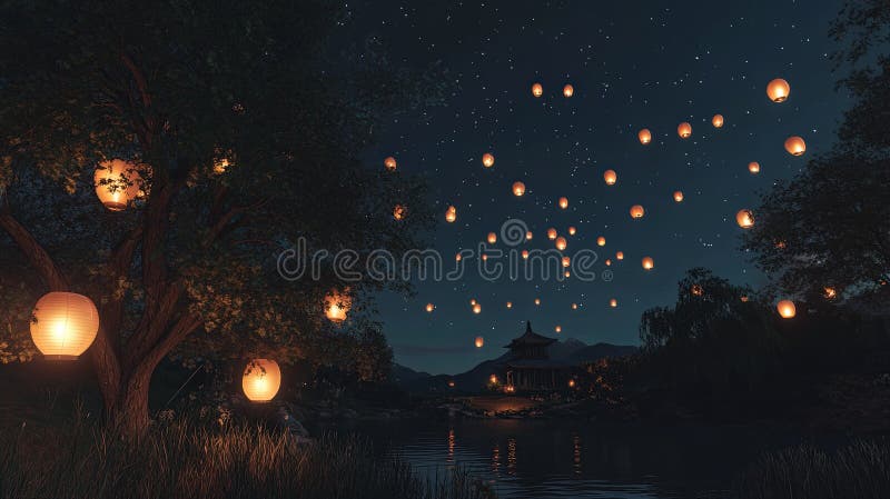A Sparkling Lantern Release Ceremony with Glowing Lanterns and a Clear Stock Image - Image of ...
