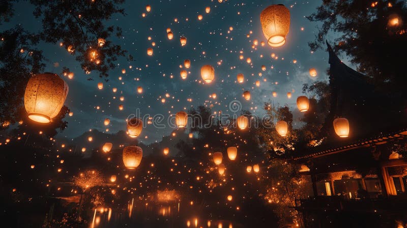 A Sparkling Lantern Release Ceremony with Glowing Lanterns and a Clear ...