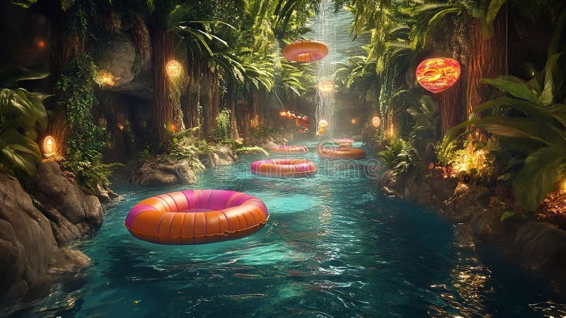 A Sparkling Lazy River with Tropical Decor and Floats Drifting by Stock ...