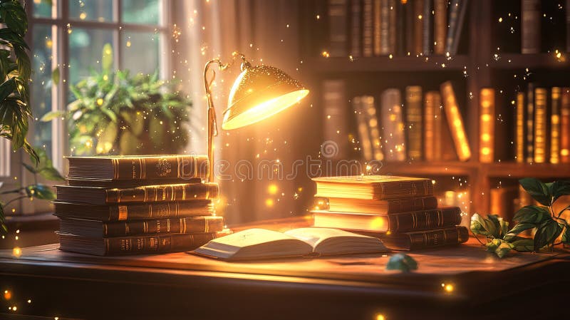 A Sparkling Library Study Desk with a Stack of Books and a Glowing ...