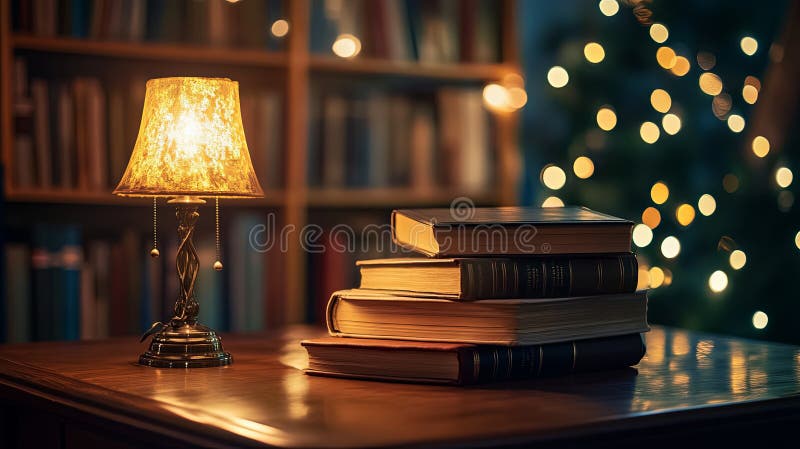 A Sparkling Library Study Desk with a Stack of Books and a Glowing ...