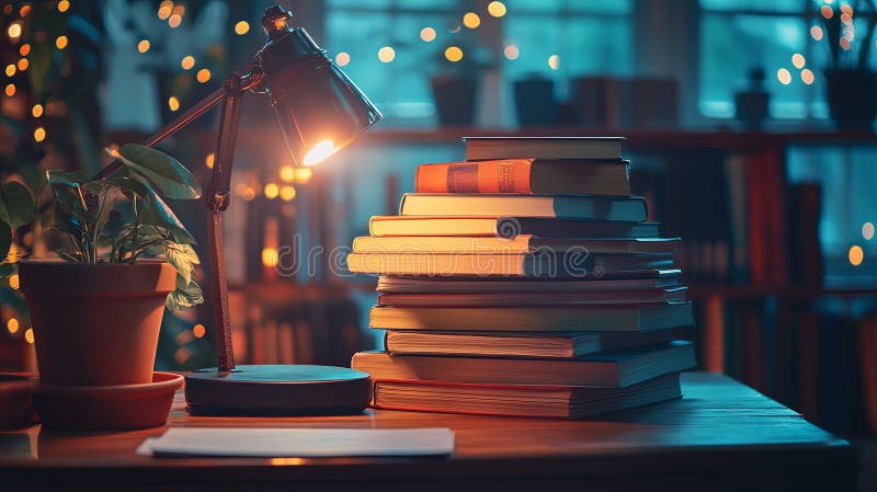 A Sparkling Library Study Desk with a Stack of Books and a Glowing ...