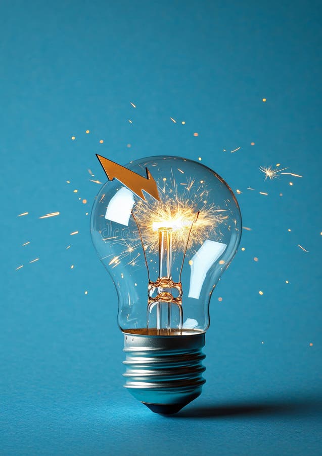 Sparkling Light Bulb with Arrow Spark on Blue Background Stock ...