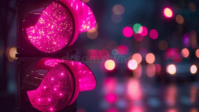 Pink Traffic Light Night City Bokeh Abstract Background Urban Lights ...